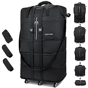 Gloyuda Expandable Foldable Luggage, 36'' Suitcase With Spinner Wheels, Rolling Duffel Travel Bag, Collapsible Luggage, With 2 Luggage Handle Wrap and 2 Fixing Straps, 1 Shoulder Strap (Black)