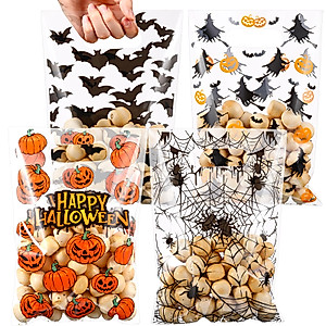 Bulyoou 100 Pcs Halloween Goodie Bags Trick or Treat Transparent Candy Bags with Handles Pumpkin Ghost Plastic Bags Halloween Treat Favor Goodie Bags for Halloween Kids Birthday Party Supplies