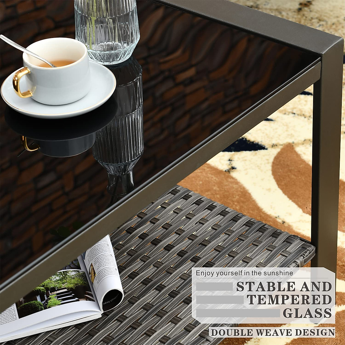 ovios Patio Furniture Set 7-Pieces Outdoor Wicker Rattan Sofa with Coffee Table Loveseat Ottomans, High Back All Weather Conversation Set with Comfy Cushions, Dark Grey