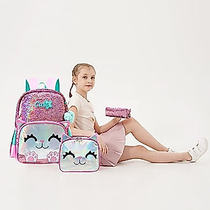 Meetbelify Cute Backpack for Girls Pink Cat School Backpacks Kids Sequin Bookbag for Elementary Kindergarten Students with Lunch Box Pencil Case for Girls 5-12 Years Old