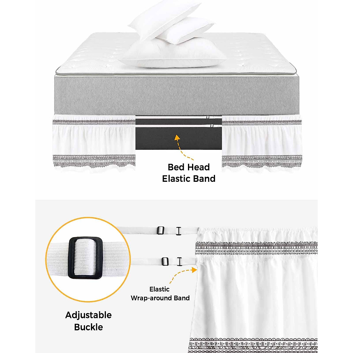 Boho Bed Skirt King Size 18 Inch Drop, Adjustable & Elastic Wrap Around Bed Skirts Pleated Luxury Dust Ruffles for Twin Full Queen Cal King Base Bed, Black Bohemia Geometric Ethnic Stripes