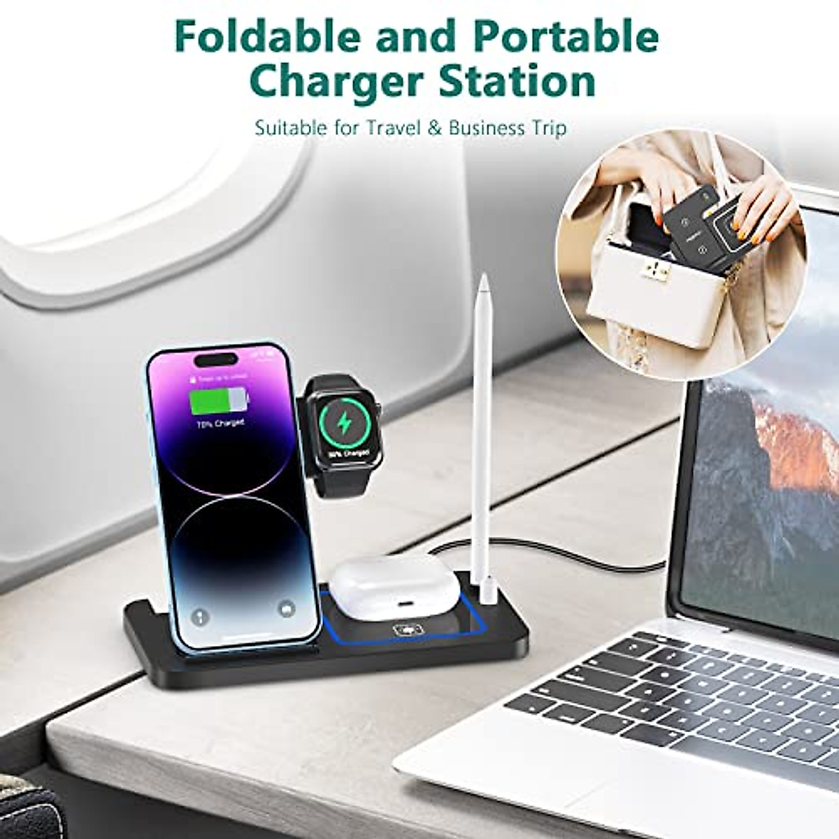 Wireless Charging Station for Apple Multiple Devices - 4 in 1 Charger Station Stand Dock for Apple Watch Series 7 6 SE 5 4 3 2 & Airpods Apple Pencil iPhone 13 12 11 Pro X XR 8 iwatch with Adapter