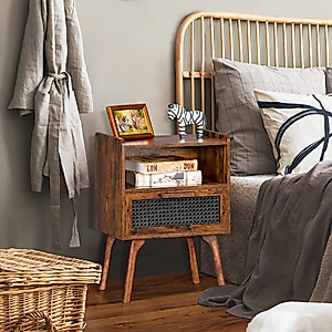 Lerliuo Rattan Nightstand, Side Table with Drawer Open Shelf, Cane Accent Bedside End Table with Solid Wood Legs, Mid Century Modern Night Stand for Bedroom, Dorm and Small Spaces (Brown)