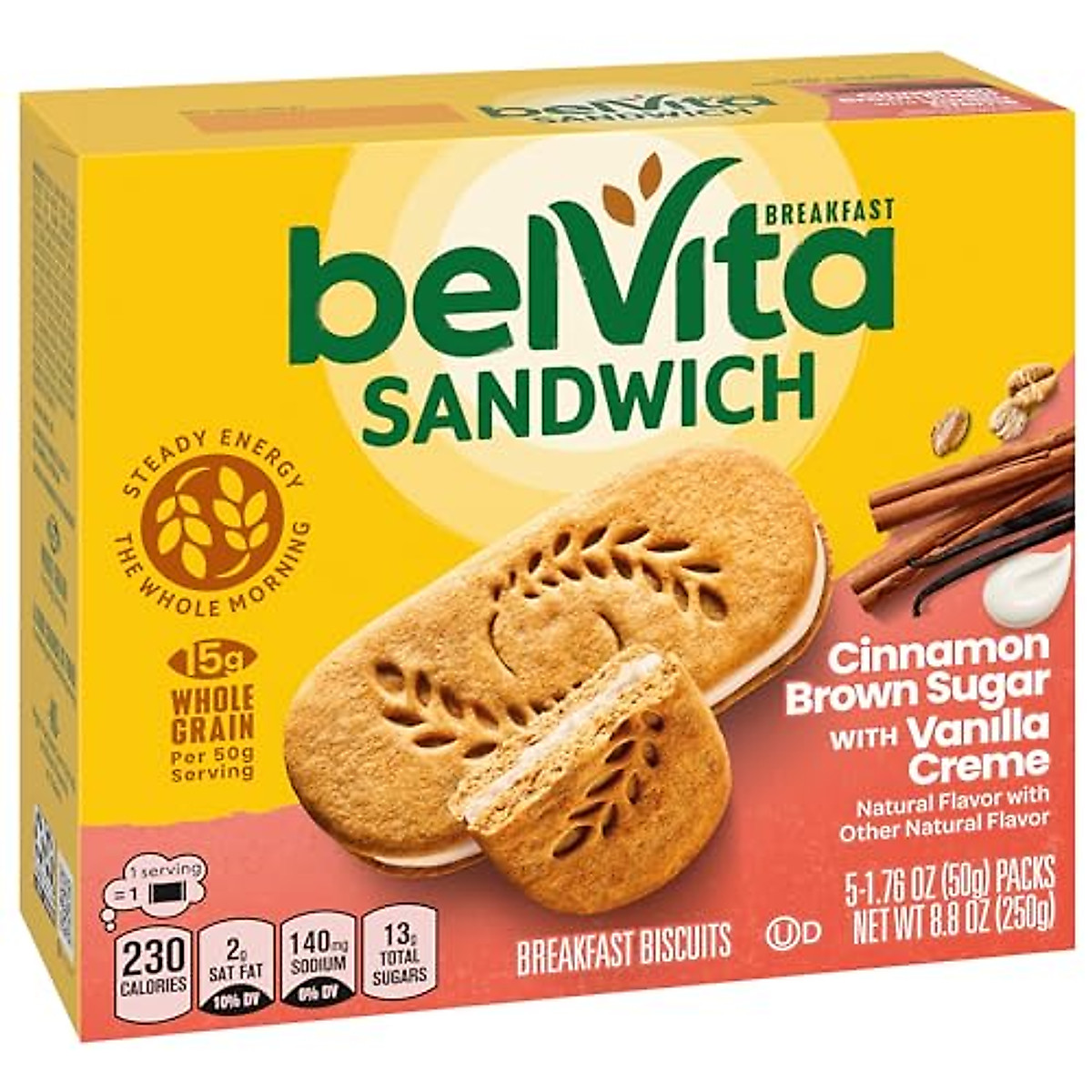 belVita Breakfast Sandwich Cinnamon Brown Sugar with Vanilla Creme Breakfast Biscuits, 30 Total Packs, 6 Boxes (2 Sandwiches Per Pack)