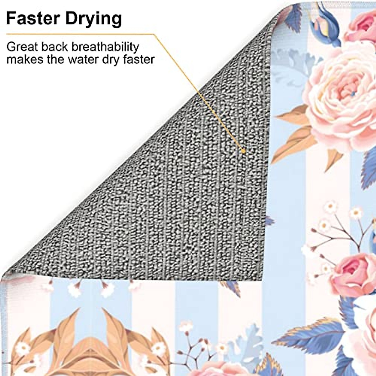 Flowers Stripe Printed Drying Mat For Kitchen Ultra Absorbent Microfiber Dishes Drainer Mats Non-Slip Silicone Quick Dry Pad - 18 X 16inch