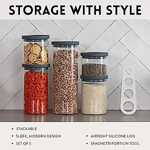 THE HAZEL PANTRY Glass Airtight Food Storage Containers with Silicone and Glass Lids – BPA-Free Jars and Canisters for Pasta Rice Flour, Dry or Wet Foods, Pantry Meal Prep – Set of 5 with Portion Tool