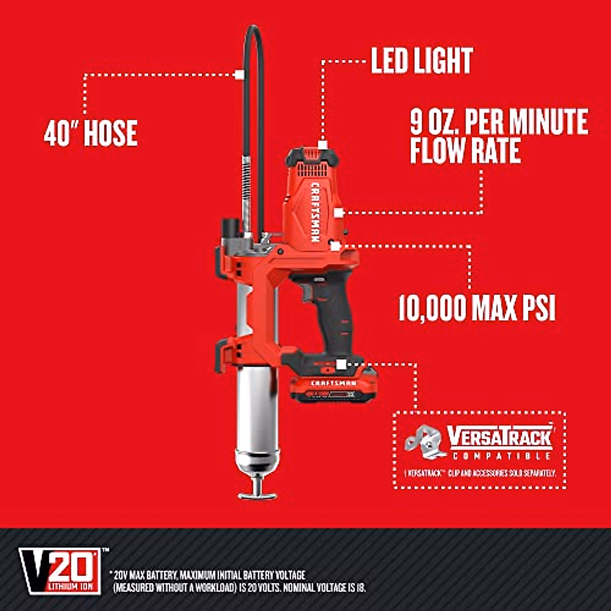 CRAFTSMAN V20 Grease Gun Kit, Cordless, 40" Hose, 10,000 Max PSI, Battery and Charger Included (CMCGG001D1)