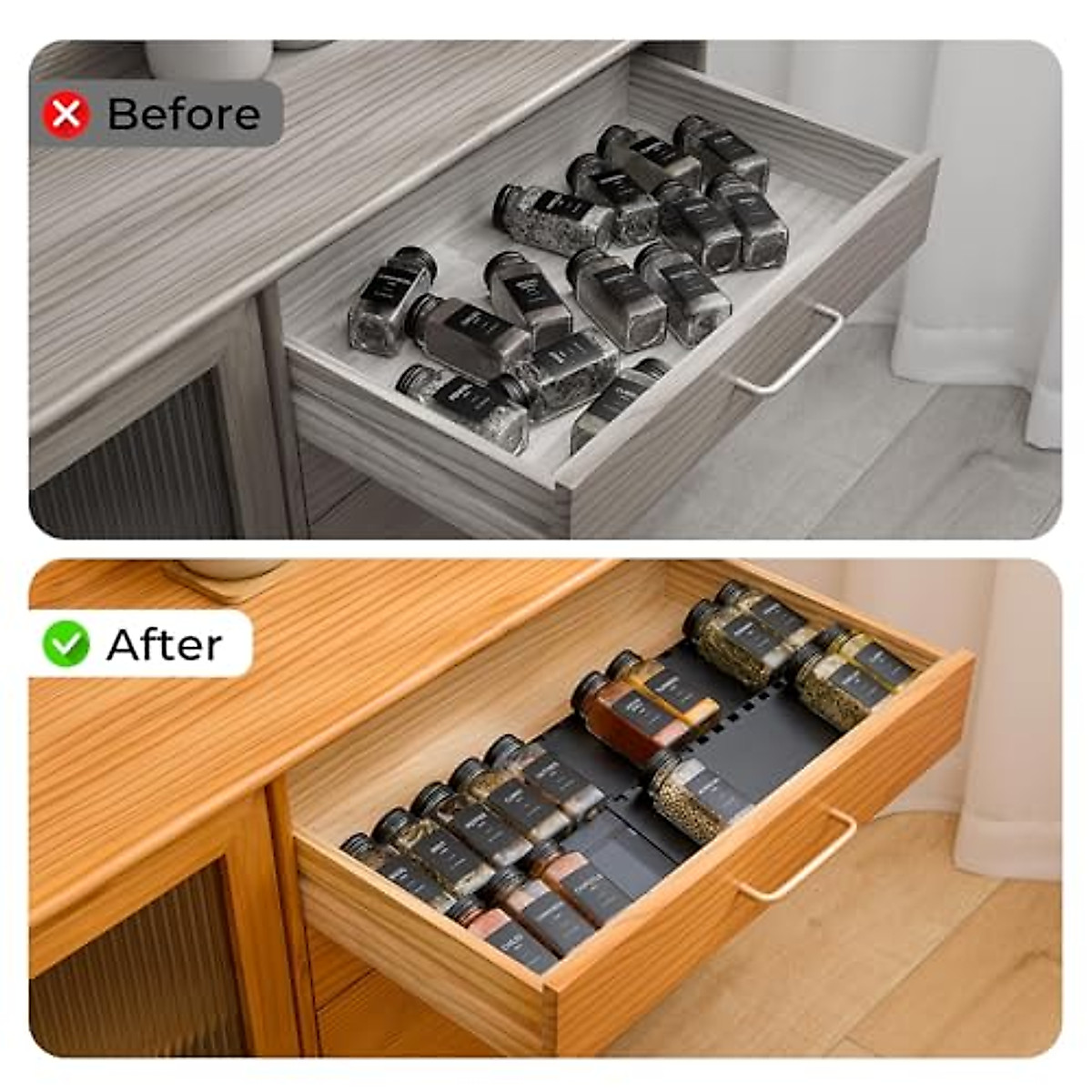 Homhut Spice Drawer Organizer, 4 Tier- 4 Pack Drawer Seasoning Organizer Expandable from 13" to 24.4", Spice Rack for Kitchen Drawers, Spice Organization Insert Tray for Drawer (Jars not included)