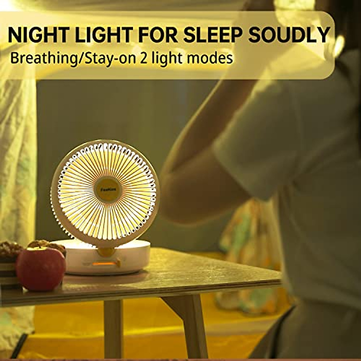 feekaa USB Fan, 8-Inch Oscillating Desk Fan, Small Wall Mounted Fan with Night Light, Rechargeable Battery Operated, Variable Speed, Quiet Fan for Outdoor/Travel/Camping/Office