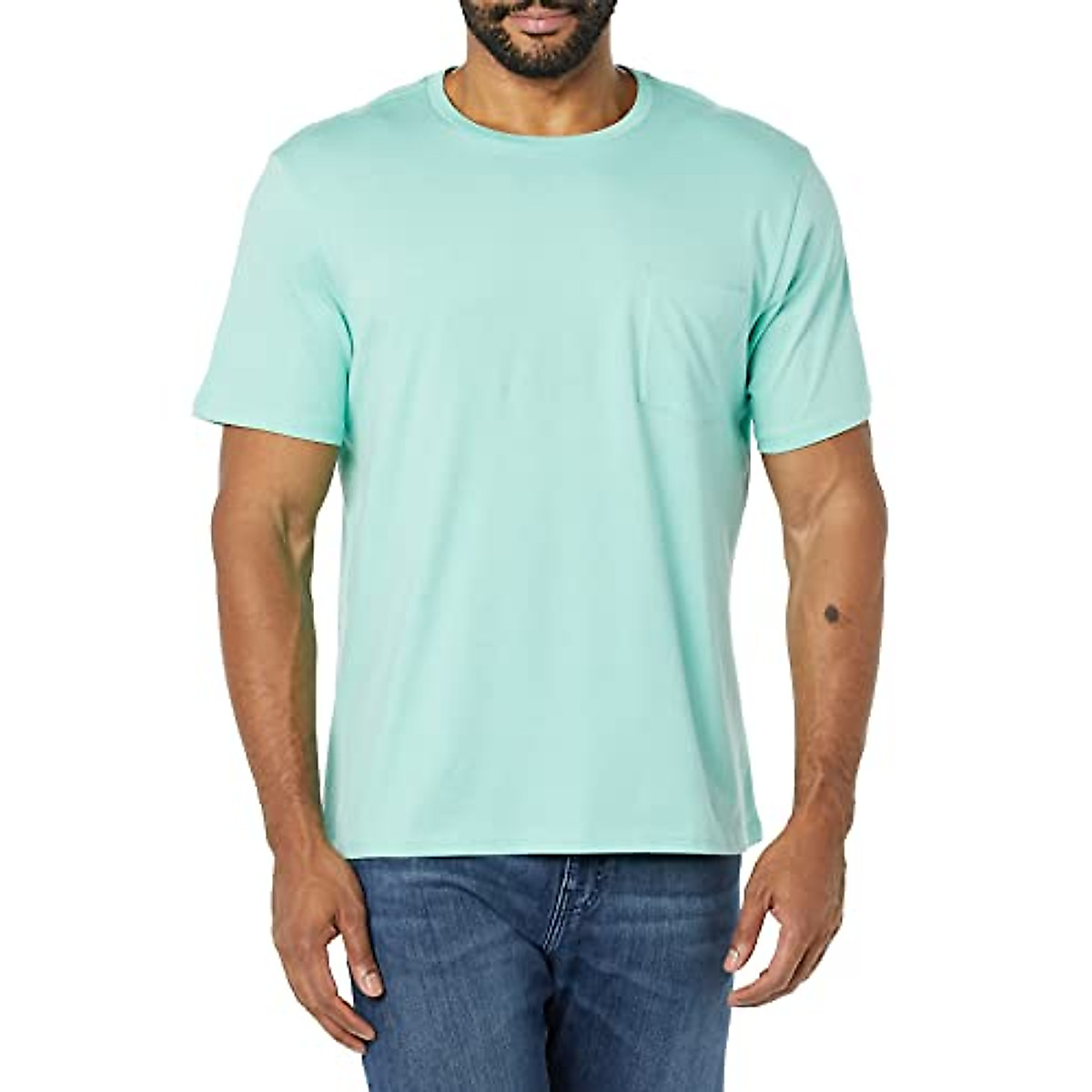 Amazon Essentials Men's Slim-Fit Short-Sleeve Crewneck Pocket T-Shirt, Pack of 2, White/Aqua Blue, Large
