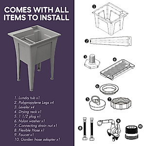 Utility Sink with One-Handle Matte Black Plastic Faucet – Polypropylene Laundry Sink, Grey Garage Sink, Indoor & Outdoor Use – Complete Sink Set by Noah William Home (24” X 22” X 34” 19.5 Gallons)