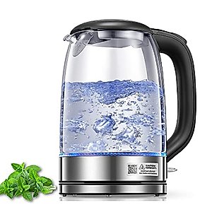 Electric Kettle with Stainless Steel Filter and Inner Lid, FOHERE 1500W Wide Opening 1.7L Glass Tea Kettle & Hot Water Boiler, LED Indicator Auto Shut-Off & Boil-Dry Protection, BPA Free