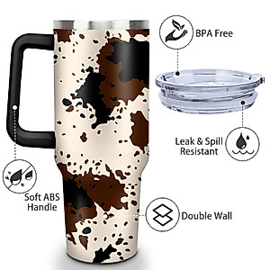 thmasamwr Cow Print Tumbler with Lid and Straw, Stainless Steel 40oz Tumbler with Handle, Cow Print Travel Coffee Mug Water Bottle, Highland Cow Gifts Cups for Women and Girls