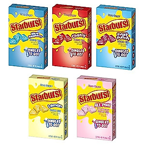 SINGLES TO GO! Starburst Variety pack 5 box, 5 flavor (Raspberry, Cherry, Fruit Punch, Strawberry and Lemon)