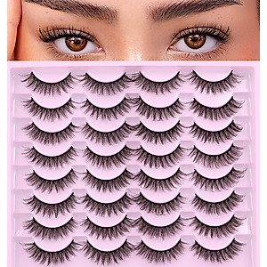 Natural Lashes Cat Eye Wispy False Eyelashes D Curl Lashes Fake Eyelashes Soft Handmade Russian Strip Lashes Pack Look Like Extension Multipack 16 Pairs