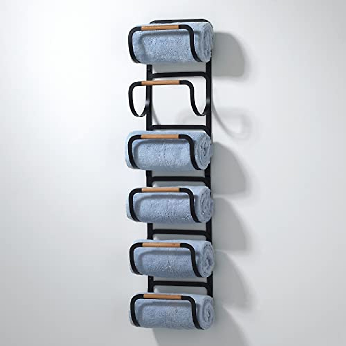 mDesign Wall Mount Towel Storage Rack for Bathroom - 6-Tier Hanging Organizer Mounted Holder Shelf for Multiple Bath Towels or Robes - Steel Metal and Wood - Yami Collection - Matte Black/Natural