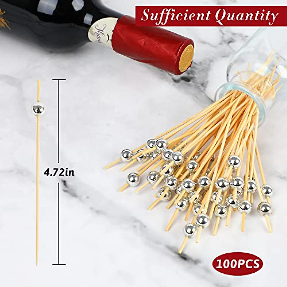 KIMOBER 100PCS Cocktail Picks,Silver Pearl Handmade Bamboo Cocktail Toothpicks for Appetizers Fruit Party,Cocktail Sticks Party Supplies