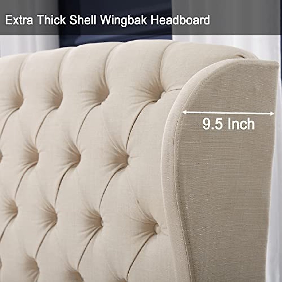PaPaJet Queen Size Platform Bed Frame, Linen Curved Upholstered Bed with Shell Wingback Headboard/Deep Button Tufted/No Box Spring Needed/Beige