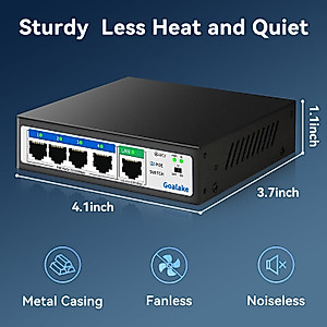 Goalake 5 Port Ethernet PoE Switch (4 Port Poe Switch with1 Uplink Port adn Extend Function) , Unmanaged PoE Switch with 4 Port PoE+@52W, Plug & Play, Fanless & Metal Design , Desktop or Wall Mount