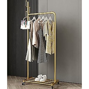 FJANKUI Clothing Garment Racks with Lockable Wheels, 3-in-1 Rolling Clothes Rack for Hanging Clothes, 5 Side Hooks and Bottom Shelves Organizing Clothes,Shoes,bags,hats(23.6in gold)