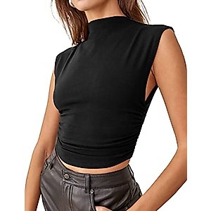 Lauweion Women Sleeveless Turtlenecks Crop Tops Ruched Slim Fit Solid Basic Casual Mock Neck Crop Tank Top Black