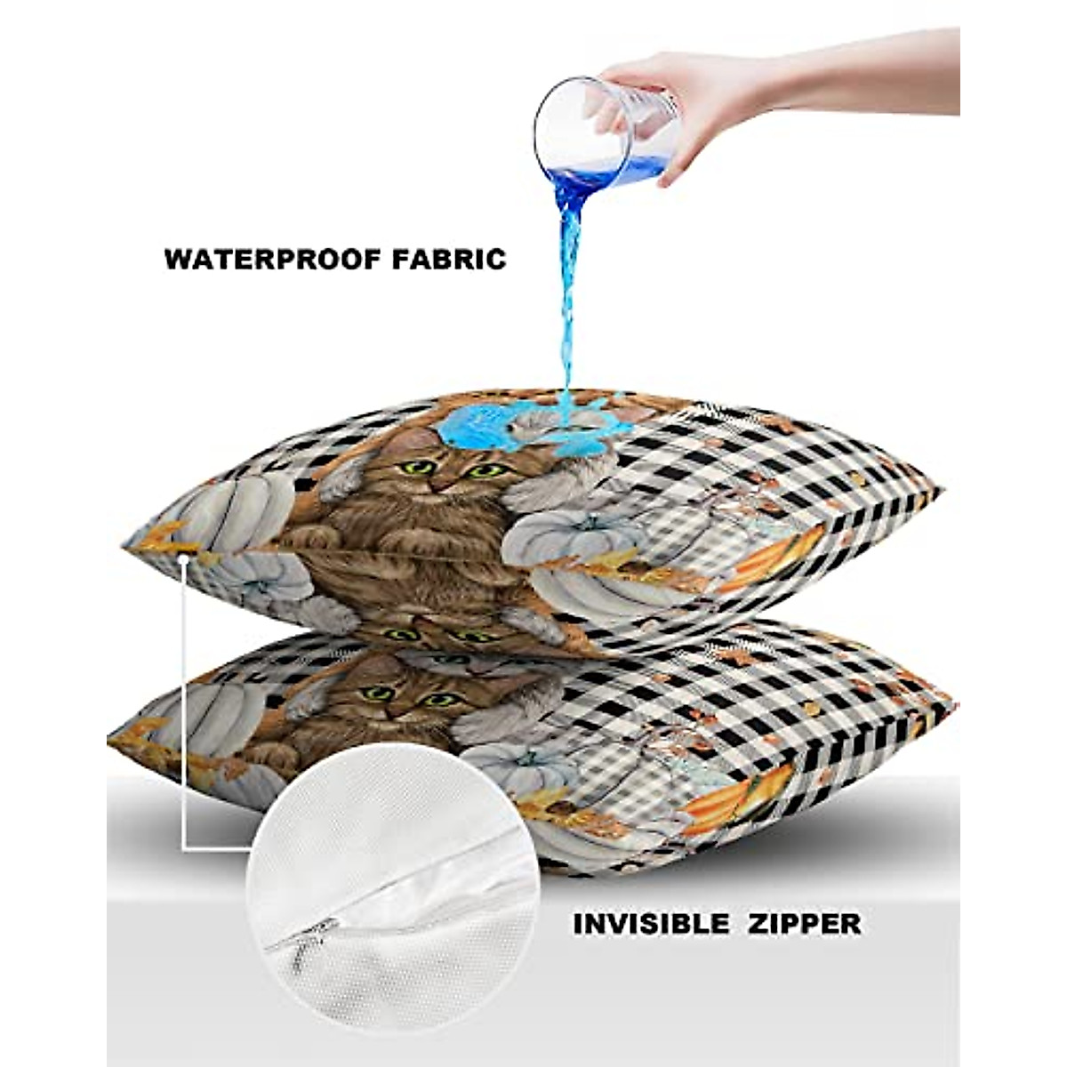 Outdoor Pillow Covers for Patio Furniture 16x16 inch 2PCS, Square Waterproof Garden Cushion Thanksgiving Harvest Pumpkin Cats Buffalo Plaid Throw Pillow Cover Shell for Sofa Couch Bench Seat