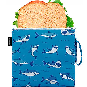 Reusable Sandwich Bag/Snack Bag for Kids & Adults, Dual Layer Lunch Bag with Handle, Washable, Food Safe, BPA Free (1-Pack, Shark)