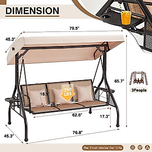 RYNSTO Outdoor Porch Swing with Adjustable Canopy, Backrest, 3-Person Patio Canopy Swing Textilene Bed with Side Cup Holder, Pillow for Garden, Deck, Back Yard, Lawn (Brown)