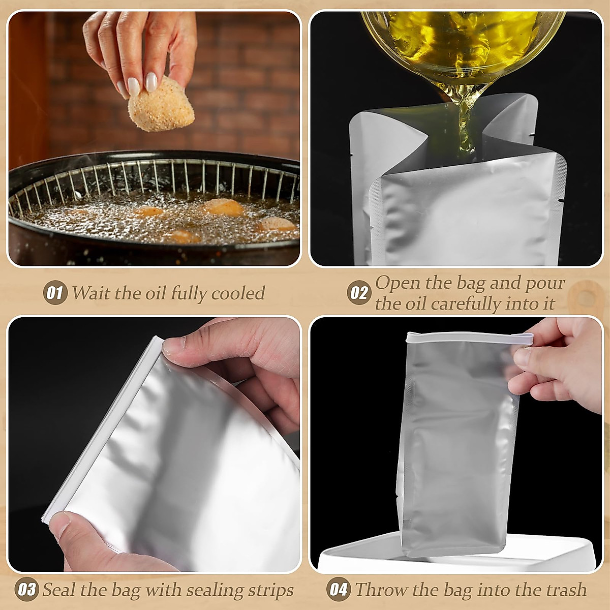 Droutti 20 Pcs Disposable Grease Storage Bags 11/9 inch Foil Grease Disposal Container Food Storage Bags with Sealing Strips Replacement Grease Bags for Kitchen Cooking Hot Liquids Oils, silver