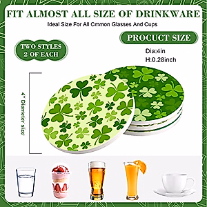 Happy St Patrick's Day Coasters for Drinks 4 Pieces Set Shamrocks Clover Bar Cup Coaster Round Cork Coasters Thick Cork Drink Bar Coasters for Table Kitchen Dining Home Decor, 3.94 Inches