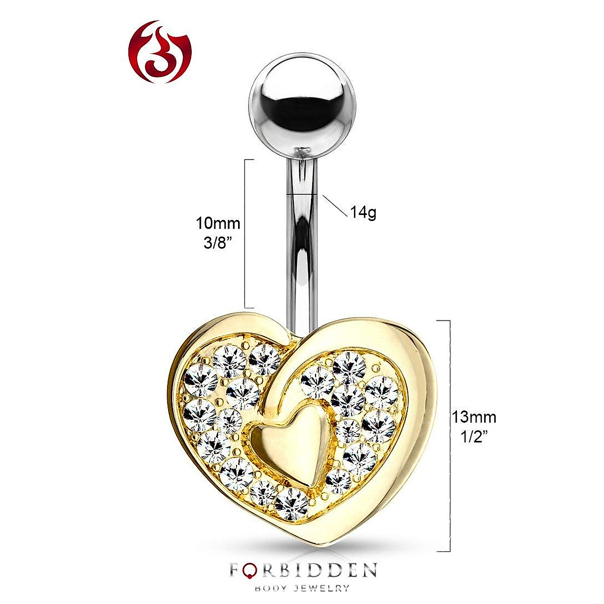 Forbidden Body Jewelry Surgical Steel Fancy Pave CZ Double Heart Belly Button Ring, Gold Tone