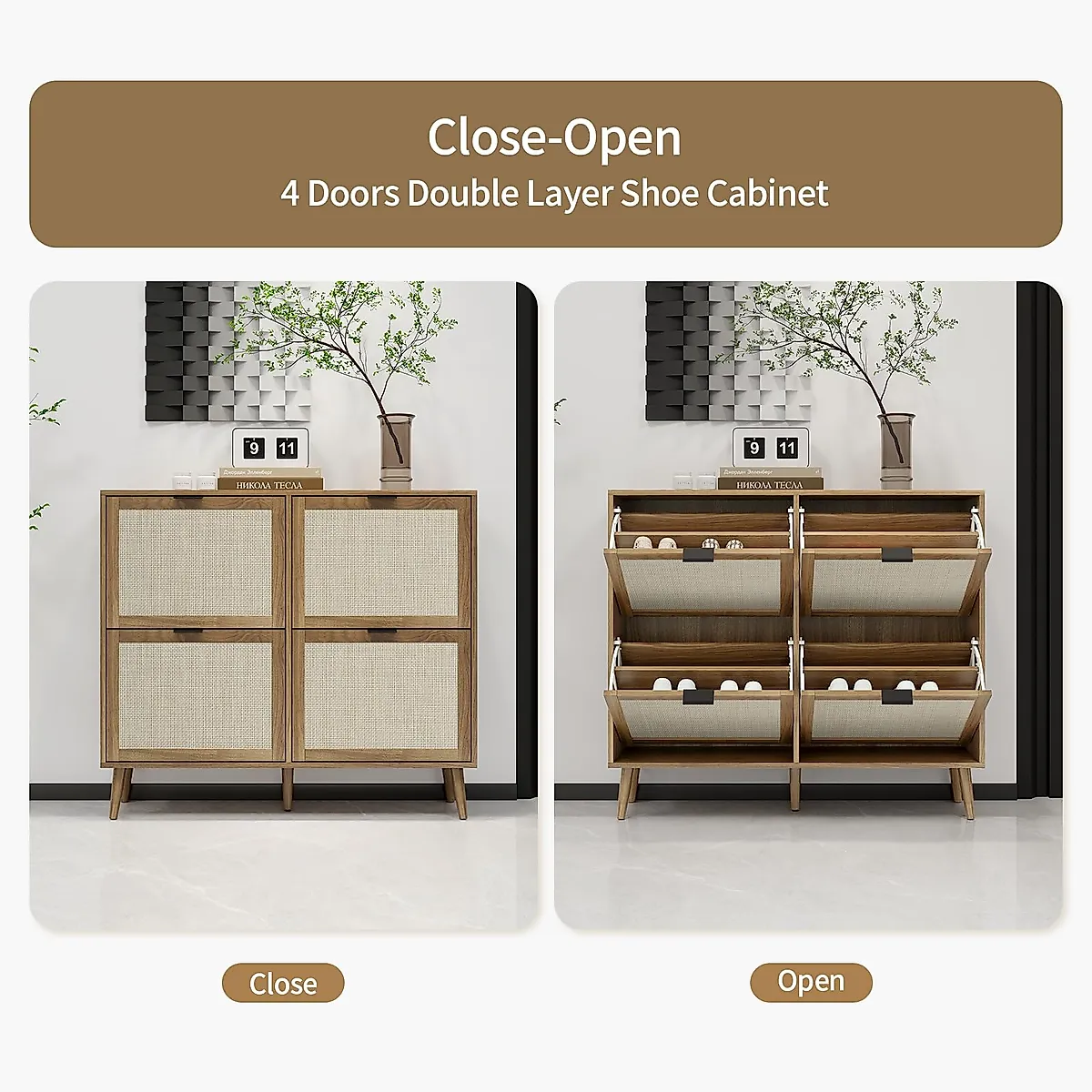 Woenei Shoe Cabinet with Flip Drawers-Modern Rattan 2-Tier Shoe Storage Organizer Cabinet,Freestanding Wood Shoe Rack with 4 Drawers for Bedroom,Mudroom,Entryway,Living Room (Walnut Brown_4 Drawers)