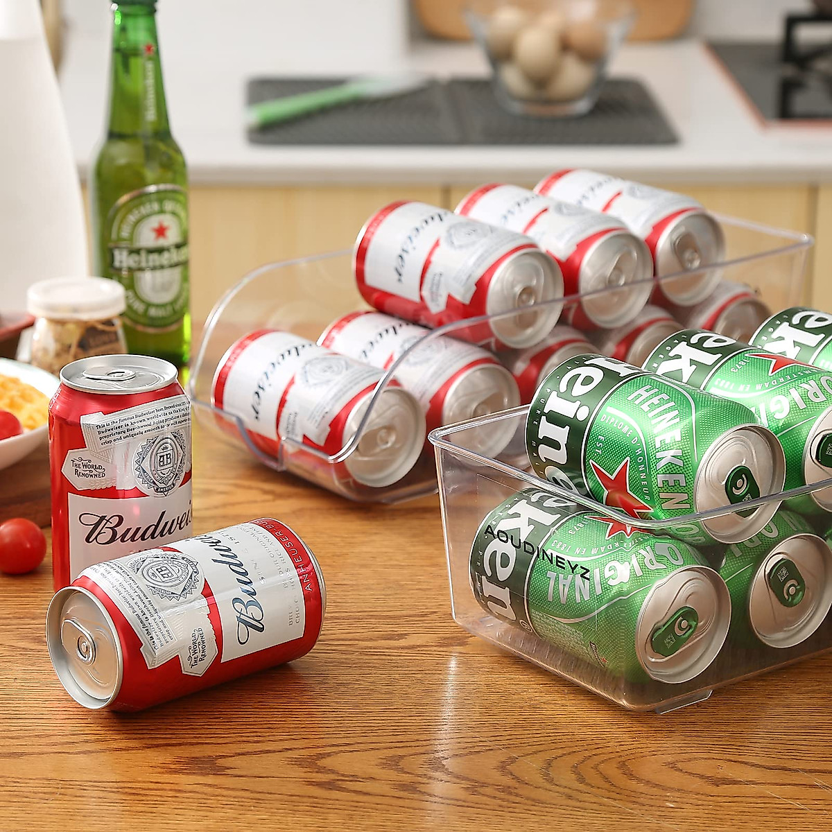 AOUDINEYZ Set of 2 Refrigerator Organizer Bins-Clear Plastic Soda Can Dispenser Beverage Holder for Fridge, Freezer, Kitchen, Countertops, Cabinets with a Portable Custom-made Insulation Cooler Bag