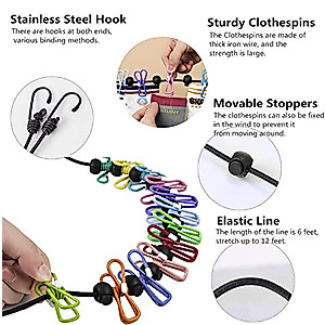 Portable Travel Clothesline with 12pcs Colorful Clothespins, Outdoors Windproof Stretchy Elastic Camping Laundry Clothes Line for Backyard, Vacation Hotel, Balcony Clothes Drying Line