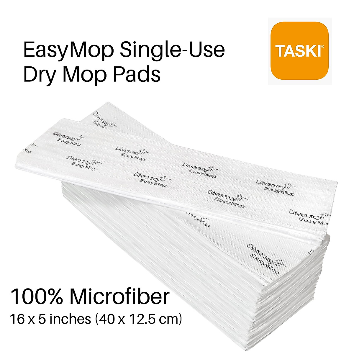 TASKI D1232214 EasyMop Single Use Microfiber Mop Pads, Disposable Cloth Pads, 16-inches (40cm) x 5-inches Wide (12.5cm), 50-Pack