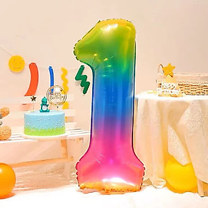 54Pcs Set | Giant, Rainbow Number 1 Balloon 40 Inch Large globos Foil Mylar Big Number Balloon Digital 1 for First Birthday Party | Wedding Bridal Shower Photo Shoot, Anniversary (Rainbow 1）
