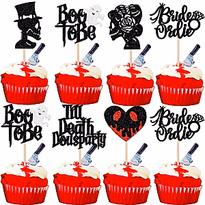 Rsstarxi 24 Pack Halloween Bachelorette Cupcake Toppers Glitter Ghost Bride or Die Boo To Be Ring Cupcake Picks for Halloween Horror Theme Birthday Engagement Party Cake Decorations