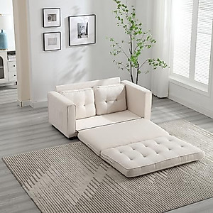 FULife Convertible Loveseat Sofa Futon Couch Sleeper Pullout Chaise Lounge Recliner Chair Reversible Folding Daybed Guest Bed, Beige Velvet Fabric 55”w