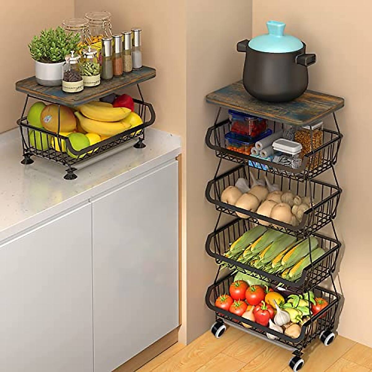 BEEY Vegetable Storage Rack with Wood Tabletop 5 Tier Stackable Storage Baskets with Wheels Vegetable Fruit Baskets Utility Cart Rack for Pantry,Garage