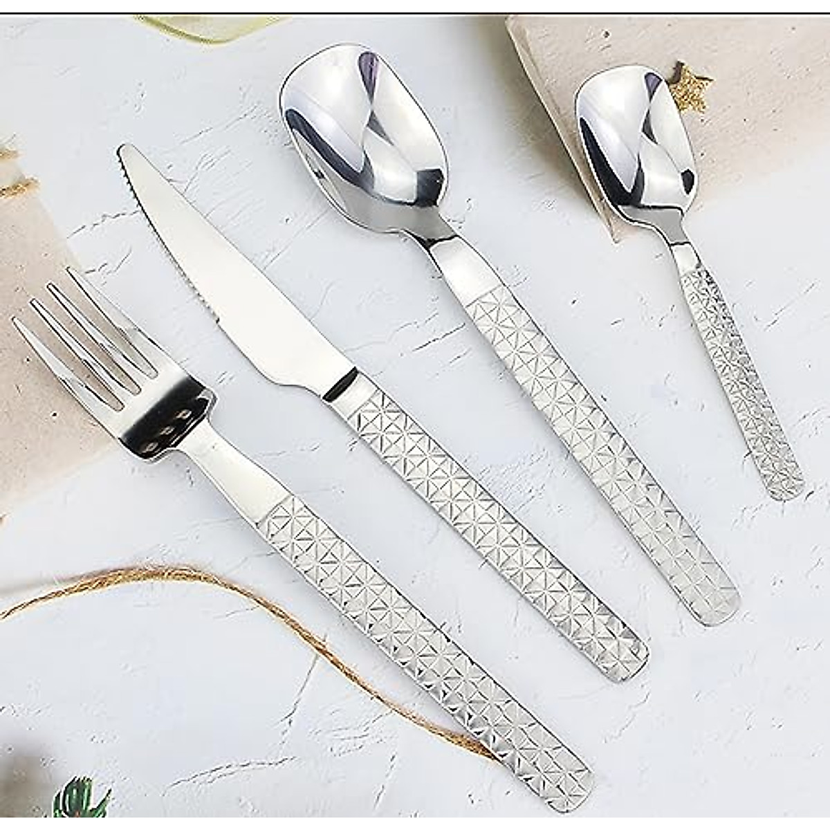 Silverware Set Flatware Cutlery Geometric Hammered Stainless Steel Kitchen Utensils Tableware，Mirror Finished，Service with Steak Knives Dinner Fork Knife Spoon