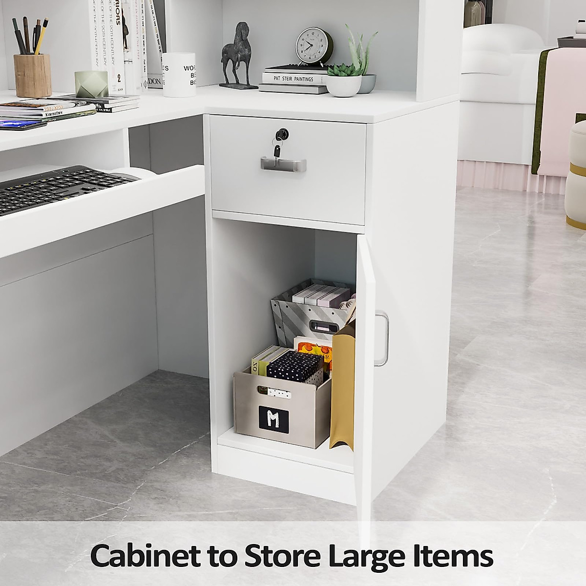 LEADZM L-Shaped Reception Desk with Counter, Front Desk with Lockable Drawers & Adjustable Shelf, Retail Checkout Counter for Beauty Salon Office, White (55.9" W x 18.9" D x 48" H)