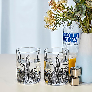 Octopus Tentacle Whiskey Glassware | Set of 2 | 9 OZ Handmade Craft Beer, Cocktail, Water, Bar Rock Glass - Kraken Tumbler Gift Set, Old Fashioned Rocks Glasses, Antique Design Extraordinary Detail