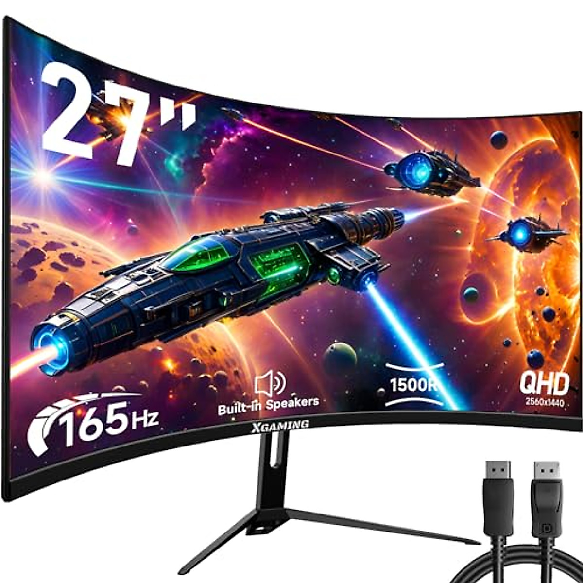27 Inch Curved Monitor, QHD 2560 x 1440p 165Hz 2K Gaming Computer Monitor, 1ms, 98% sRGB HDR 16:9 Wide Display, 1500R Curved, FreeSync, Eye Care, Built-in Speakers, HDMI DisplayPort,VESA, Adjustable