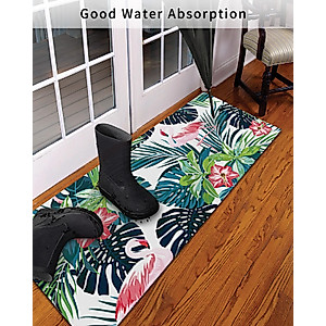 Welcome Mats, Flamingo and Green Leaves Door Mat, Non-Slip Absorbent Large 20x63 Inch Outdoor Indoor Mat Low-Profile Floor Mat Doormat for Entryway/Patio/Garage