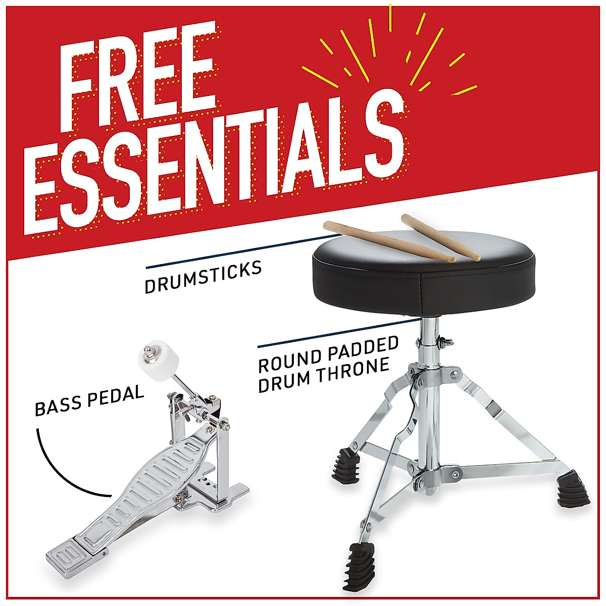 Mendini by Cecilio Kids Drum Set - Junior Kit w/ 4 Drums (Bass, Tom, Snare, Cymbal), Drumsticks, Drum Throne - Beginner Drum Sets & Musical Instruments