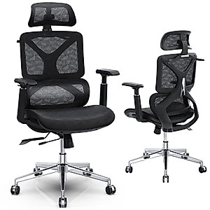 Ergonomic Office Chair, High Back Mesh Executive Chair with Lumbar Support, Adjustable Seat Depth, 3D Armrest & Headrest, Comfy Computer Desk Chair with Metal Base, for Gaming, Hotel, Black
