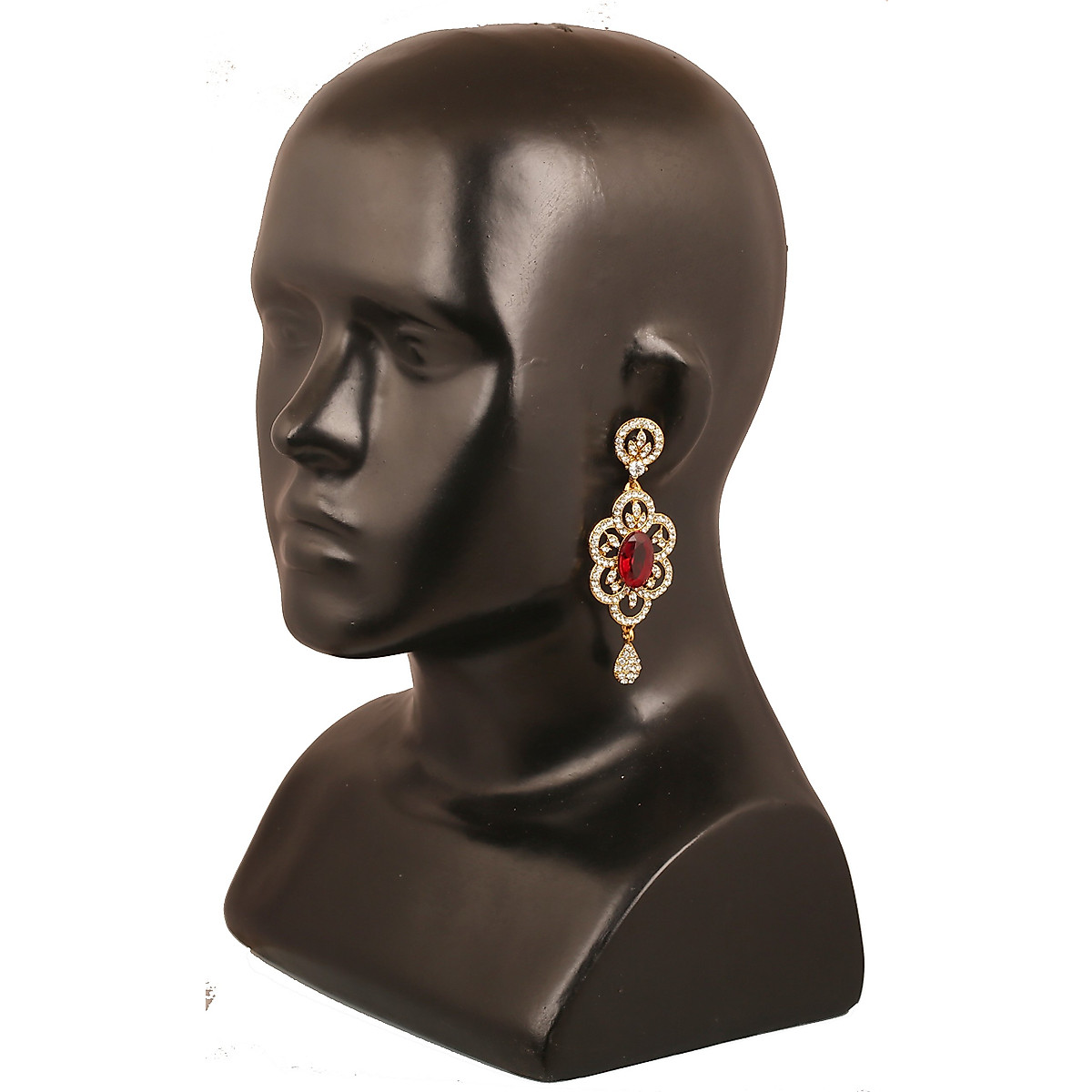 Touchstone Indian Bollywood Royal Handcrafted Style Statement Faux Ruby Red And White Rhinestones Pretty Stunning Designer Jewelry Long Chandelier Earrings In Antique Gold Tone For Women.