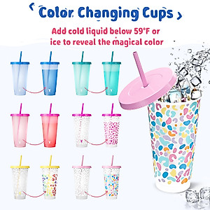 Meoky Plastic Cups with Lids and Straws - 6 Pack 24 oz Color Changing Cups, Iced Coffee Cups, Reusable Tumblers Bulk for Party, Car, Adults, Women, BPA-free (Solid & Patterned)