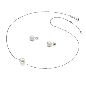 Bridesmaids Gifts Single Pearl Necklace Silver Stud Earrings Gift Floating Pendant 8-9mm Simple Chain Jewelry Set for Women Maid of Honor Gifts for Her Wedding Classic Fashion Style