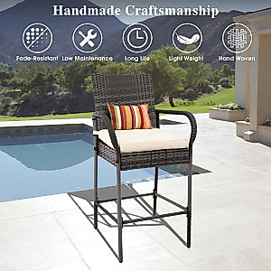 Sundale Outdoor Bar Stools Set of 2, 2 Piece Wicker Bar Stools Rattan Chairs, Patio Bar Chair with Arms, Cushion Beige, All-Weather Wicker Patio Furniture - Steel, Charcoal Dark Gray